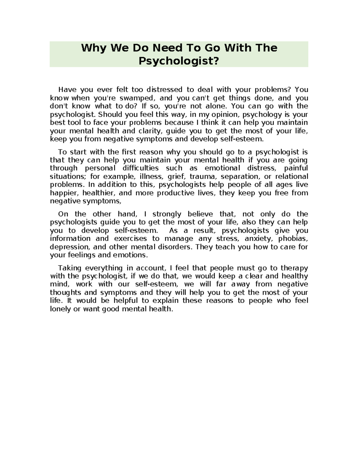 Essay: The Importance of Seeking Help from a Psychologist - Studocu