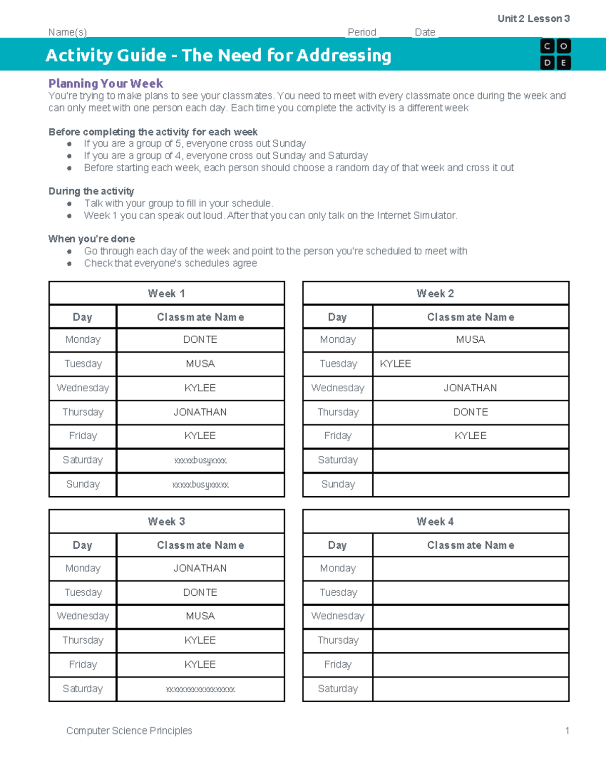 CSP 101 Unit 2 Lesson 3 Activity Guide: Weekly Classmate Meetings - Studocu