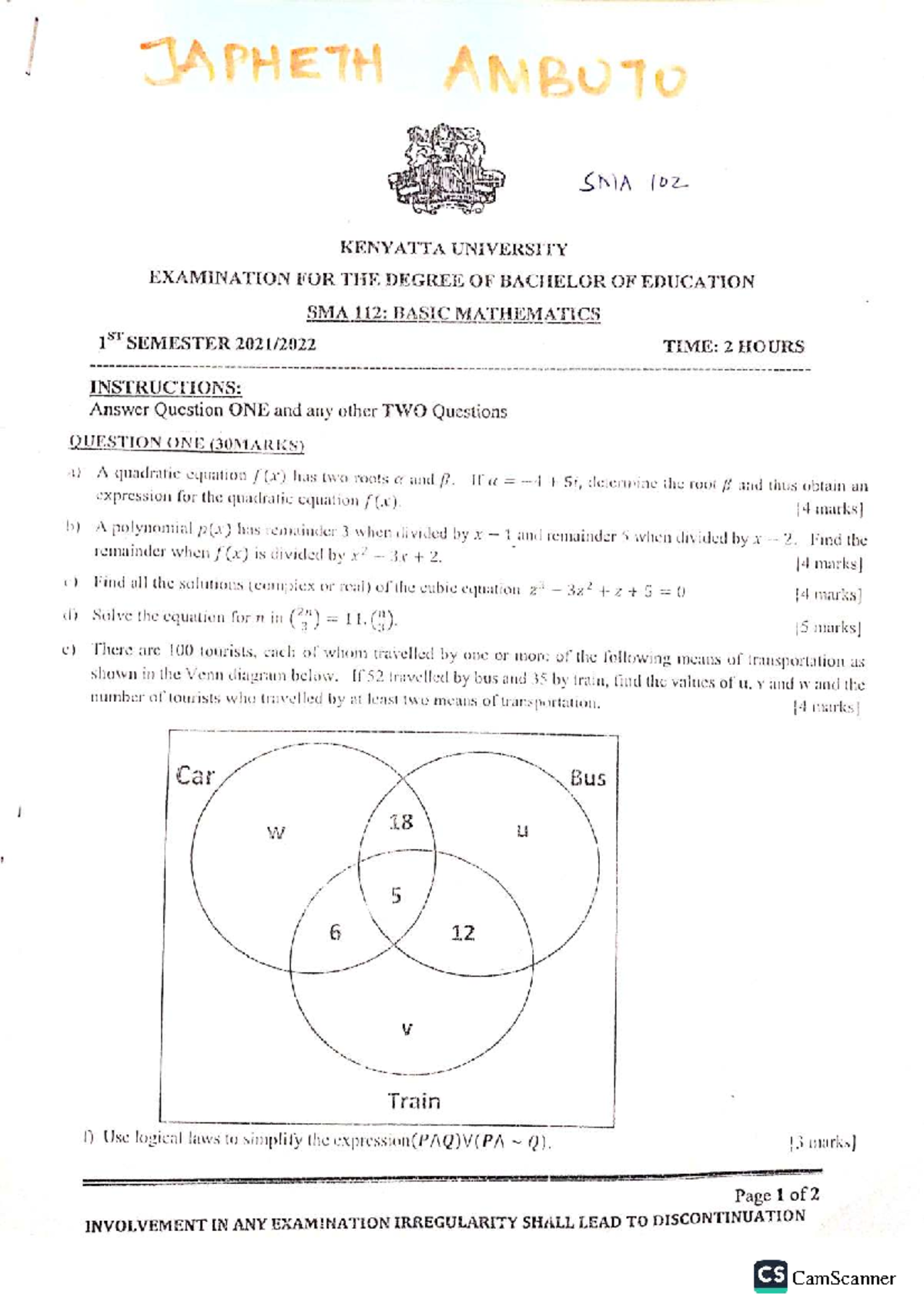 Anastasia Nduta SMA 102 PAST Papers - Basic Maths - Studocu
