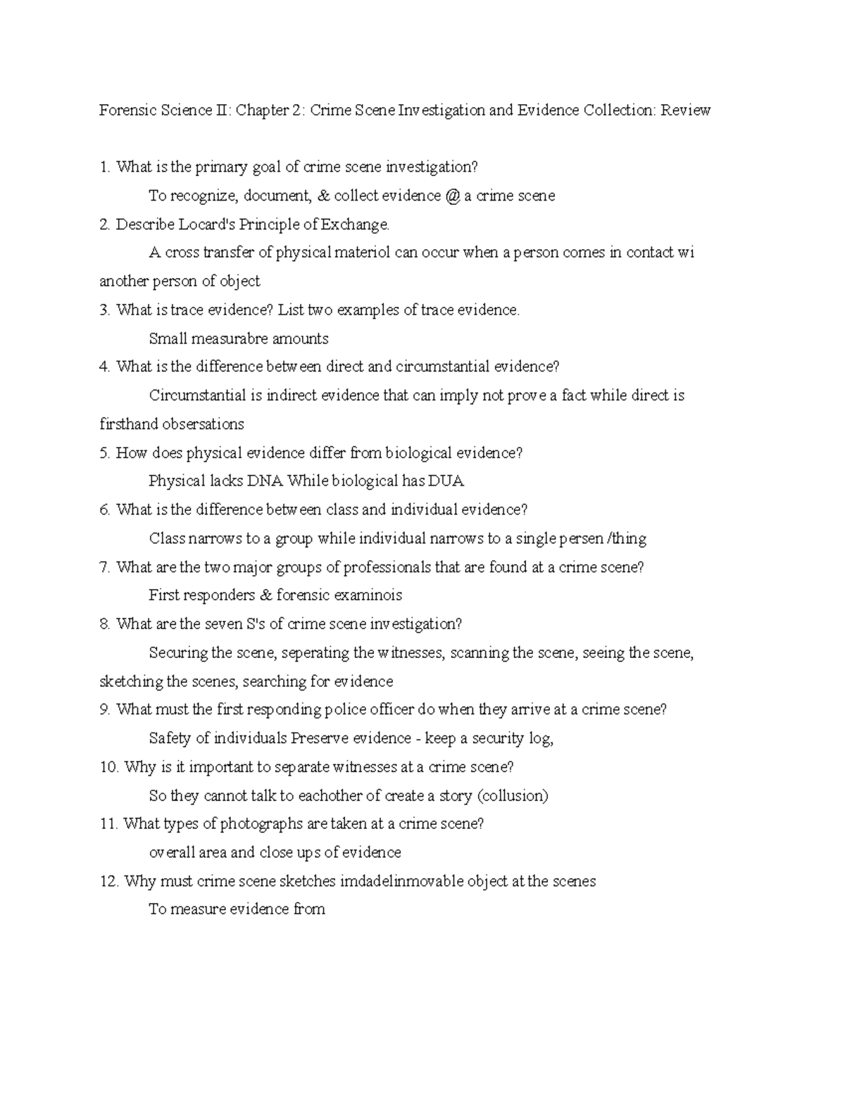 Forensic Science II Chapter 2: Crime Scene Investigation & Evidence ...