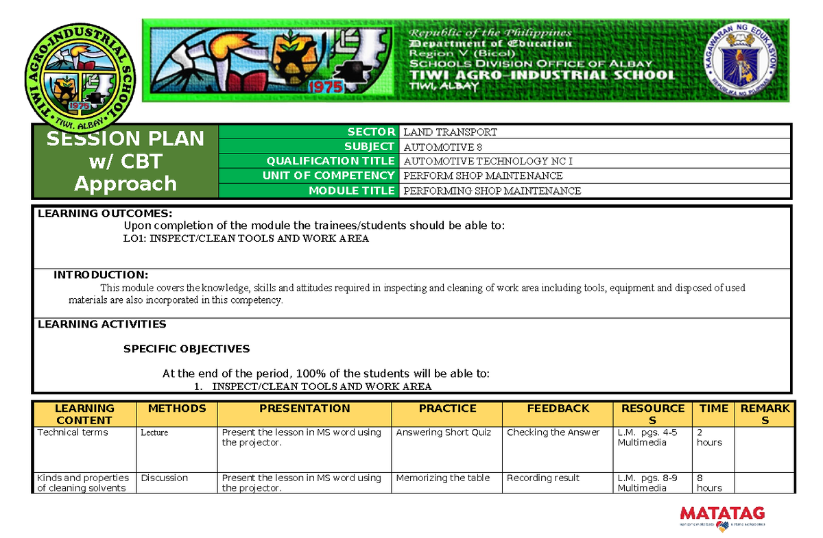 Session Plan for Automotive Technology NC I: Performing Shop ...