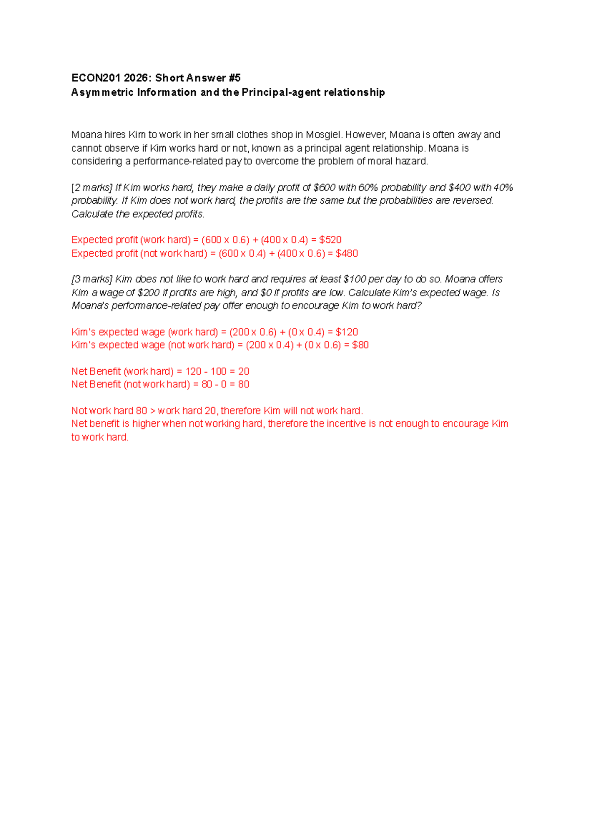 ECON201 2026: Short Answer on Asymmetric Information and Incentives ...