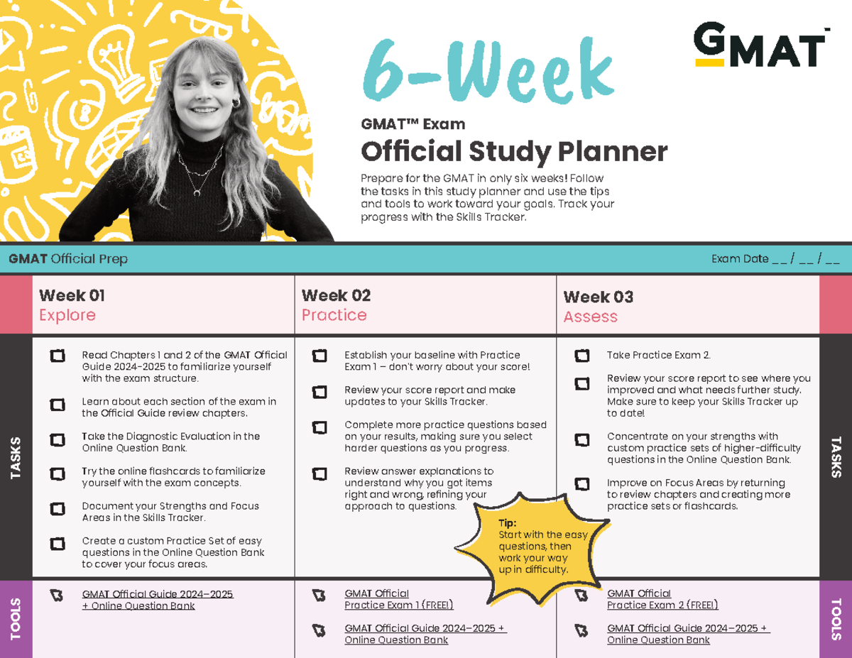 GMAT™ Official 6-Week Study Planner - Week 01 Explore Week 02 Practice Week 03 Assess 6-Week ...