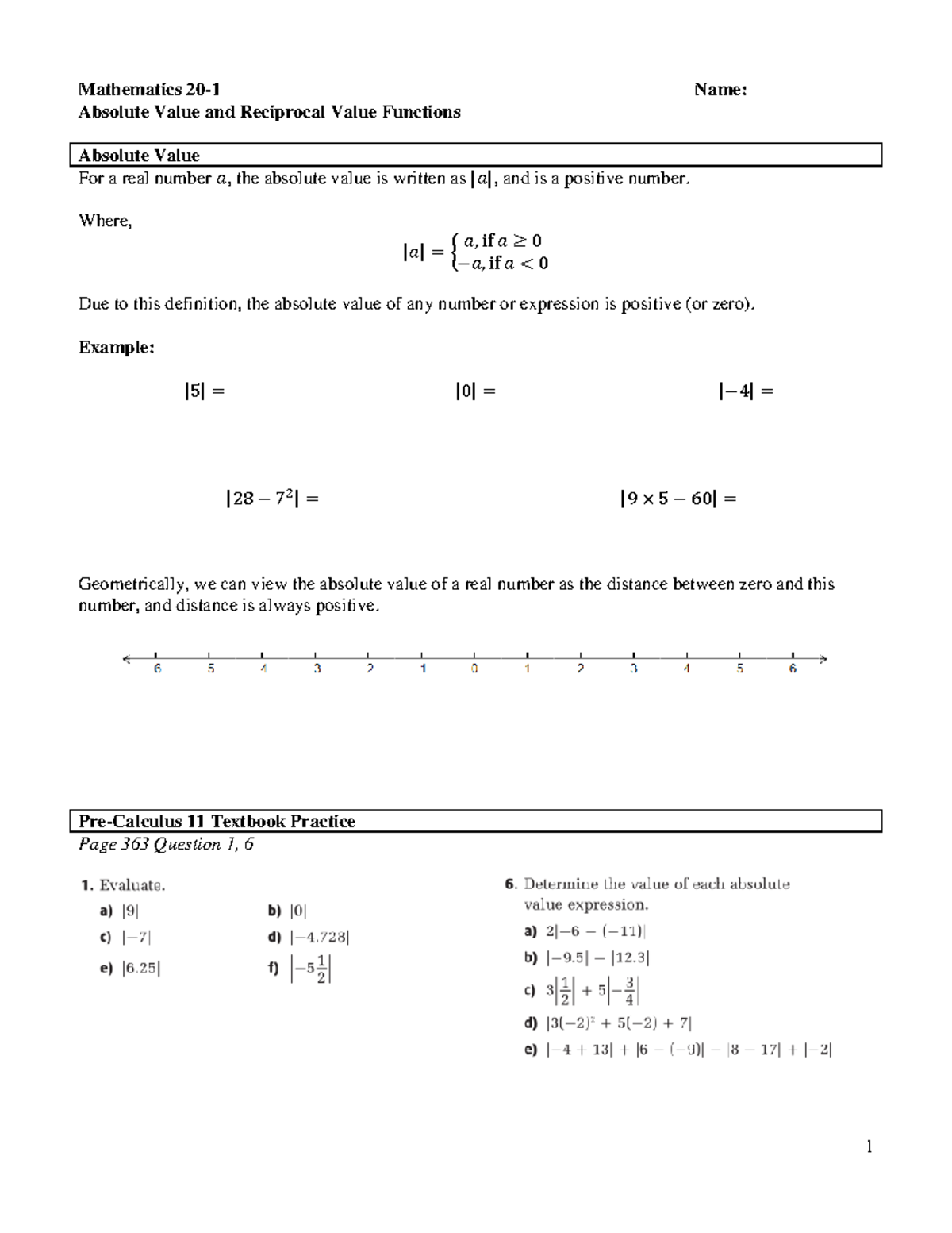 20-1 Absolute Value and Reciprocal Function - Mathematics 20-1 Name ...