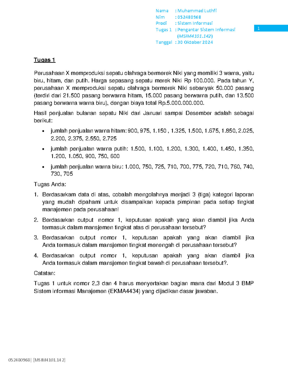 Laporan Tugas 1: Pengantar Sistem Informasi (MSIM4101.142) oleh Muhammad Luthfi - Studocu