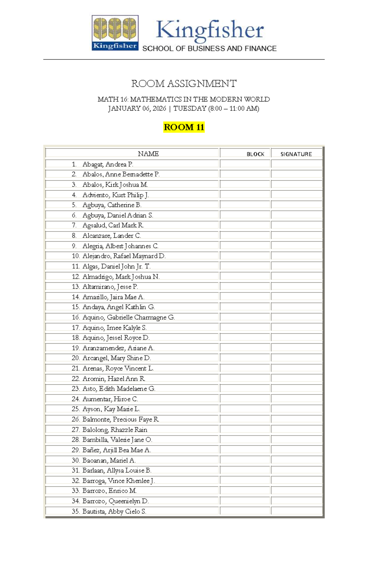 MATH 16: Room Assignment for January 6, 2026 (8:00-11:00 AM) - Studocu