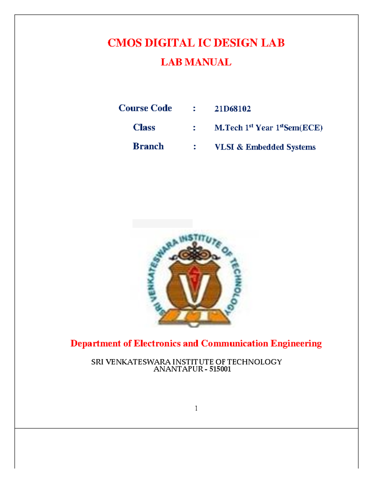 CMOS Digital IC Design Lab Manual - 21D68102 - M.Tech 1st Sem (ECE ...