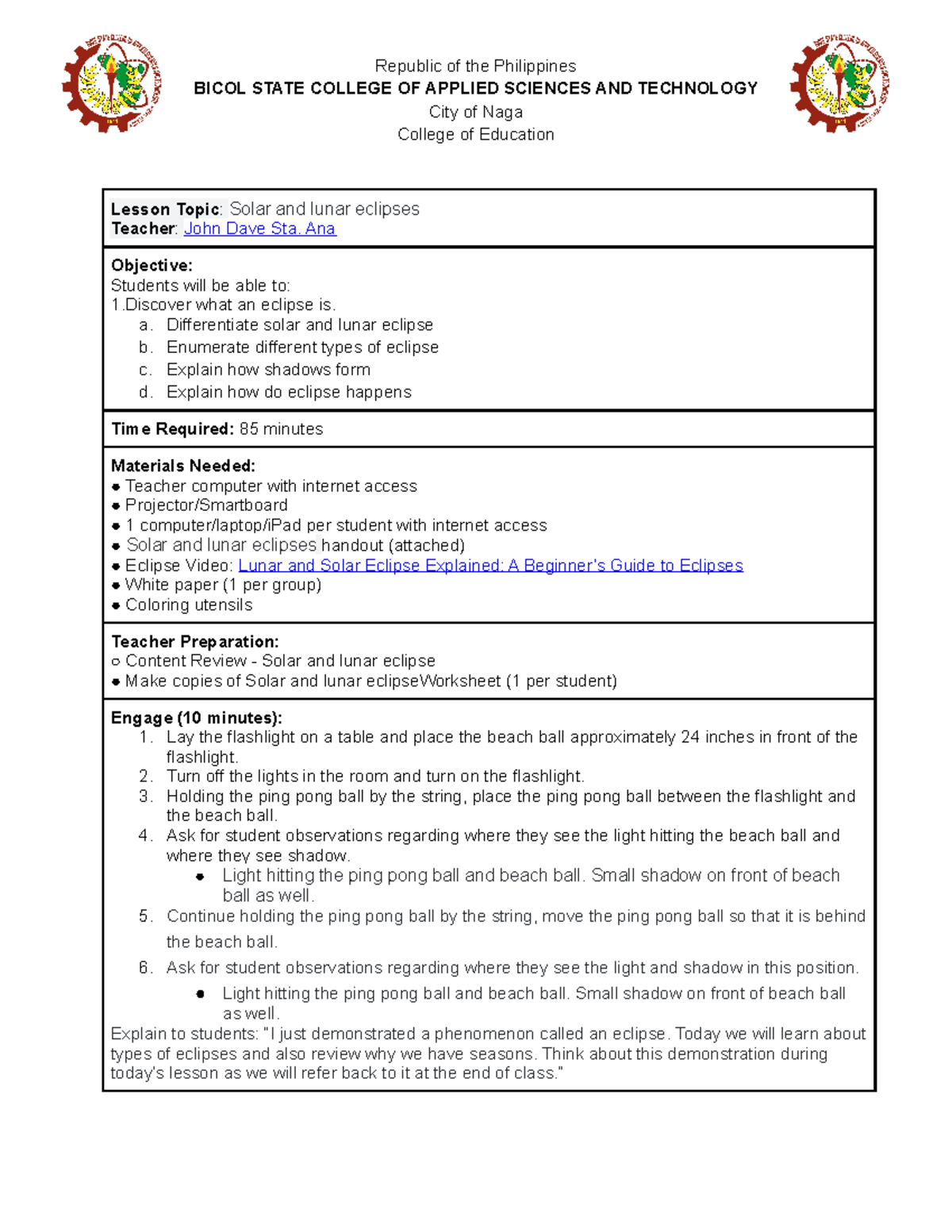 Lesson Plan: Solar and Lunar Eclipses (EDU 101) - Studocu