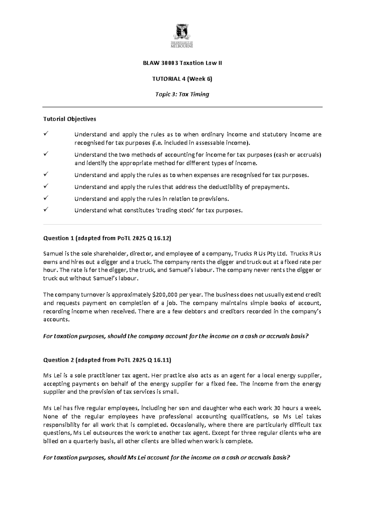 BLAW Taxation Law II Tutorial 4 (Week 6): Tax Timing Rules Explained ...
