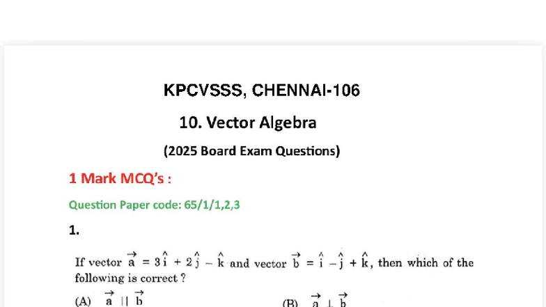 Vector Algebra (Class 12) - 2025 Board Exam Questions - Studocu