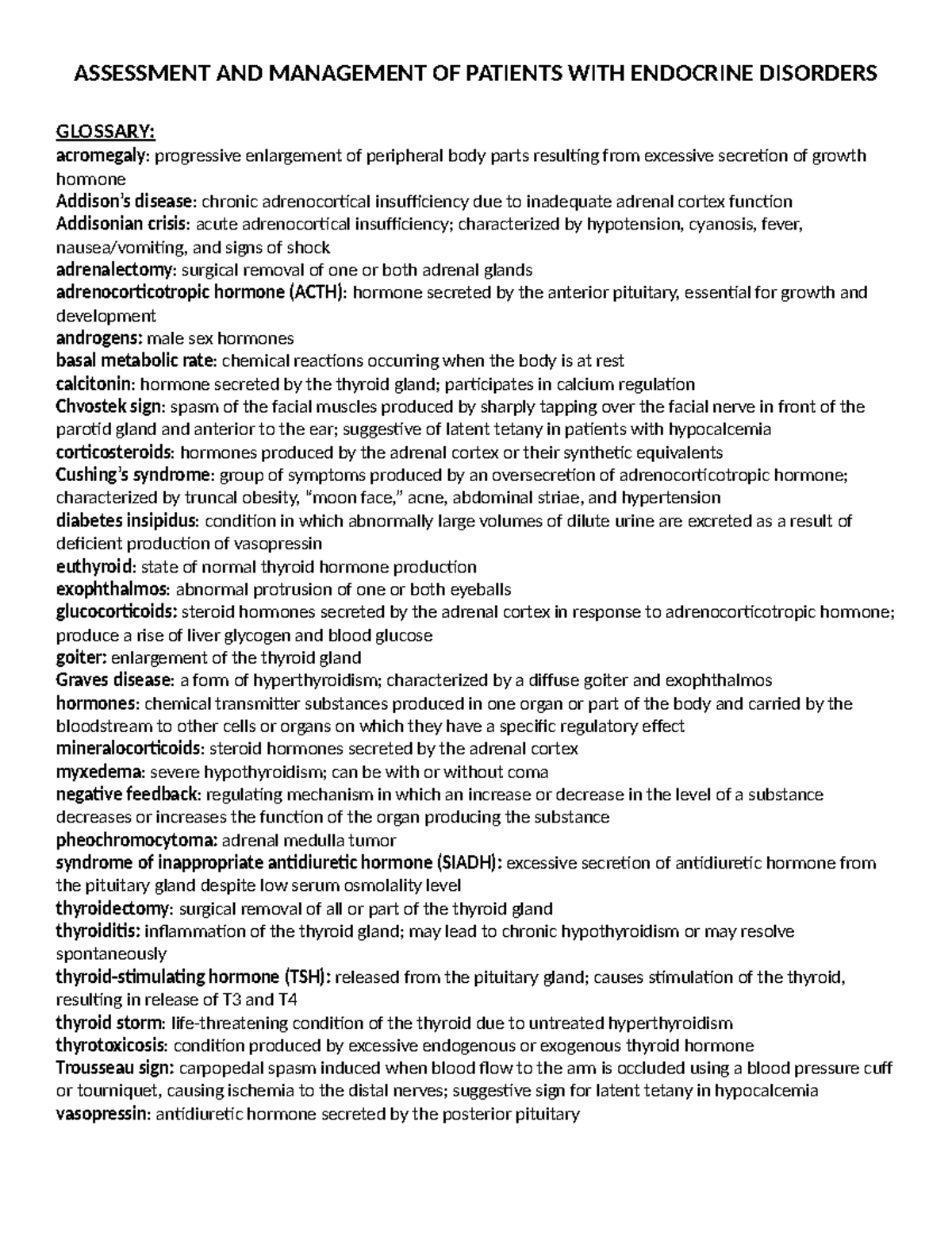 Endocrine Disorders Management: Key Concepts and Terminology - Studocu