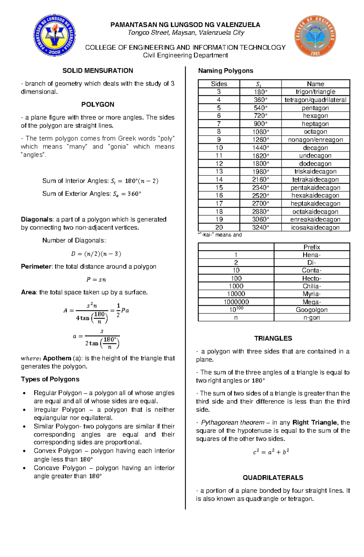 5.2 Introduction to Solid Mensuration (CE 101) Notes - Studocu
