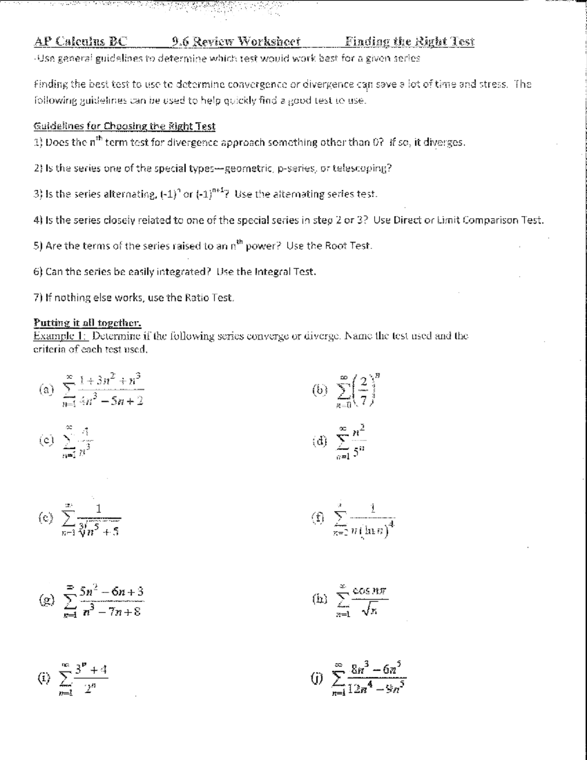 AP Calculus BC Ch. 9.6 Review Worksheet: Convergence Tests Guide - Studocu