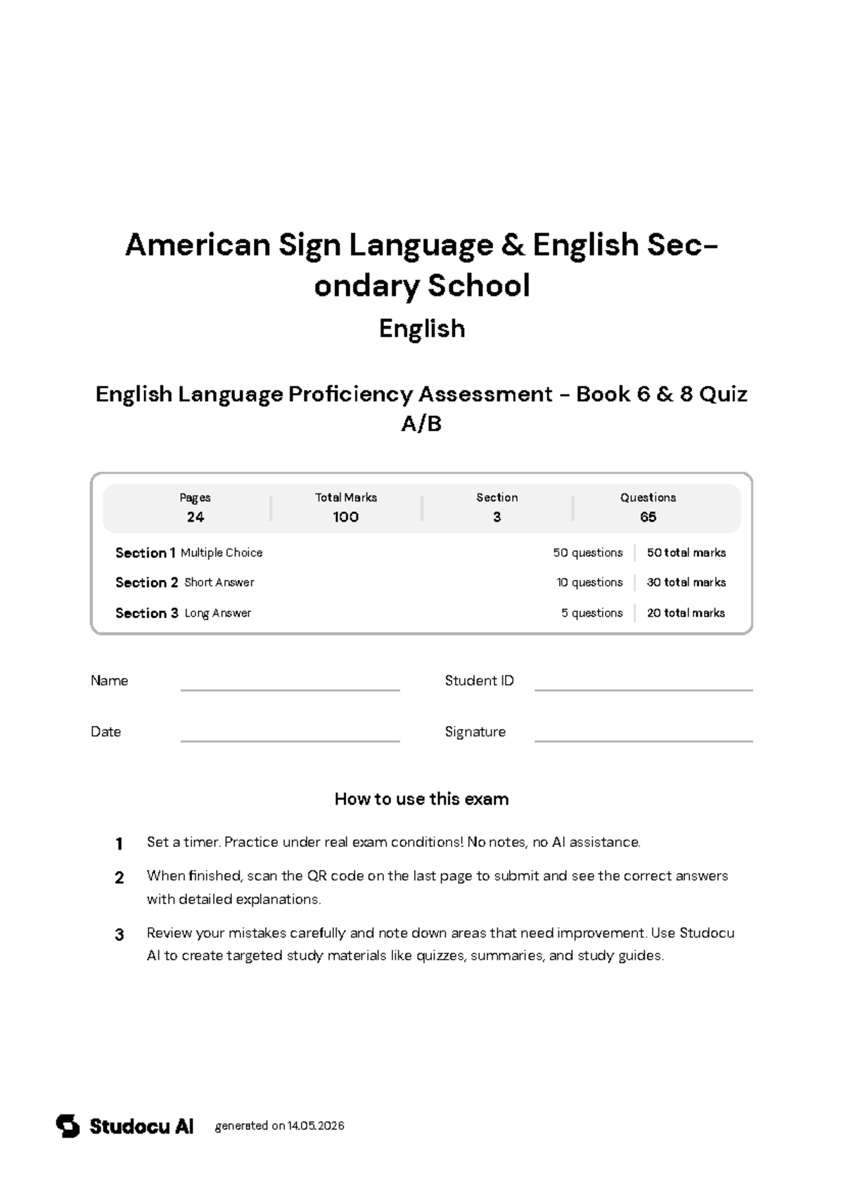 English Language Proficiency Assessment - Book 6 & 8 Quiz Guide - Studocu