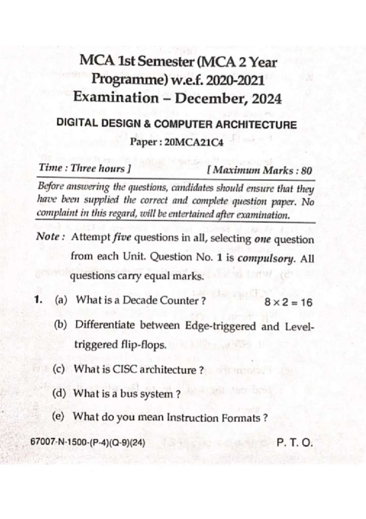 MCA 1st Sem Digital Design & Computer Architecture Exam Paper 20MCA21C4 ...