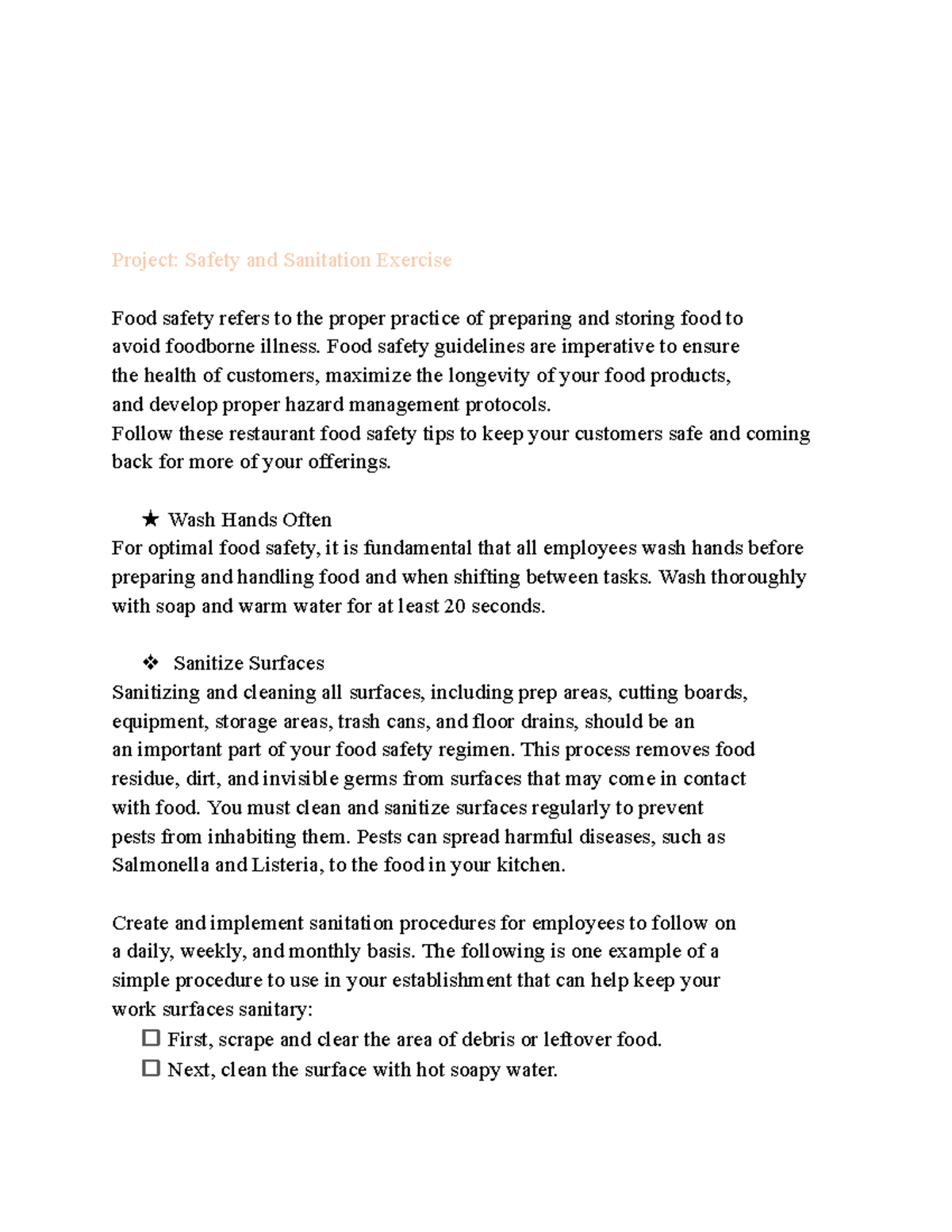 Project Safety and Sanitation Guidelines for Food Handling - Studocu