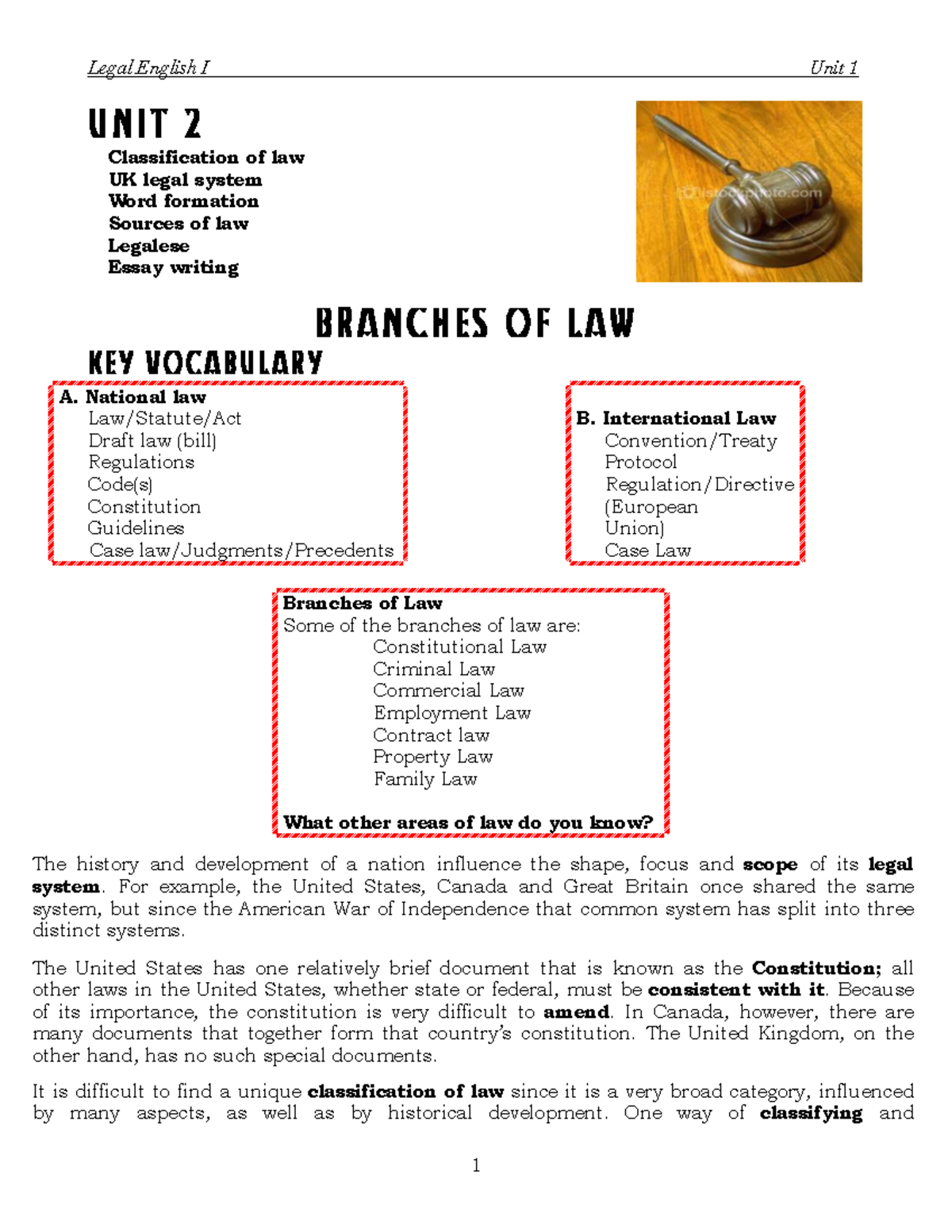 Legal English I: Unit 1 - Classification of Law and Legal Systems - Studocu