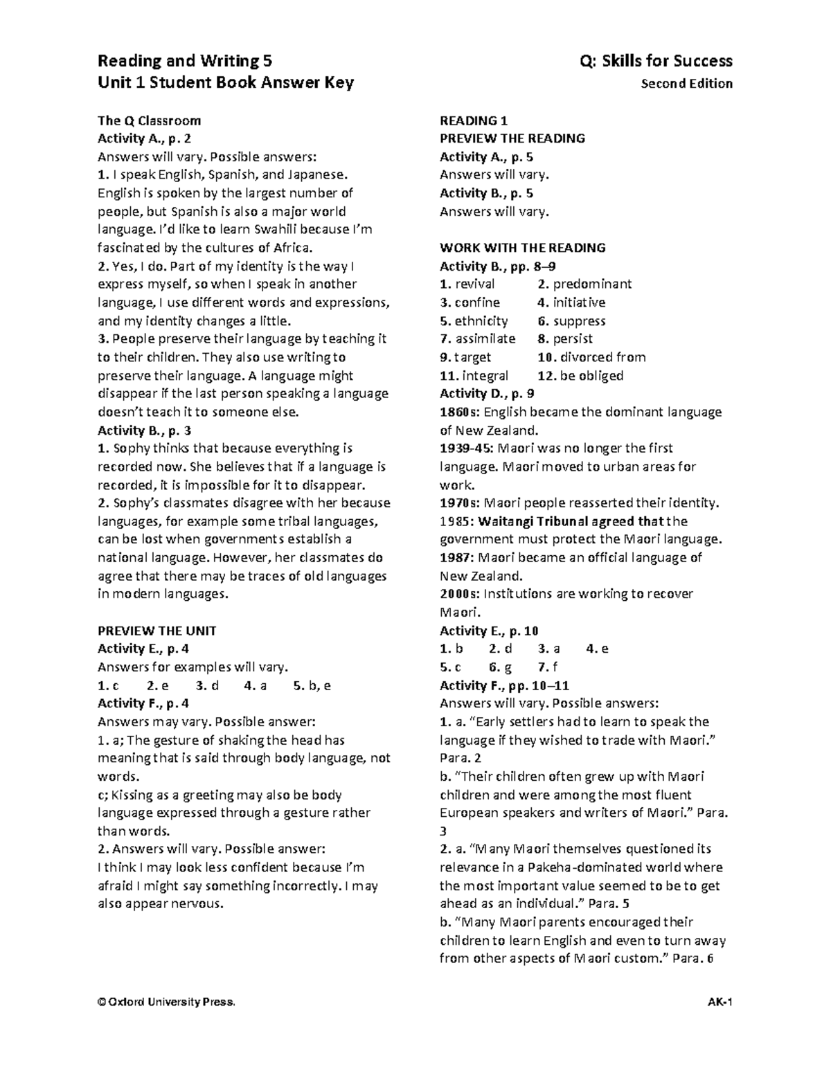 Q2e RW5 U01 Answer Key - 리스닝 챕터 1 답지 - Unit 1 Student Book Answer Key Second Edition The Q ...
