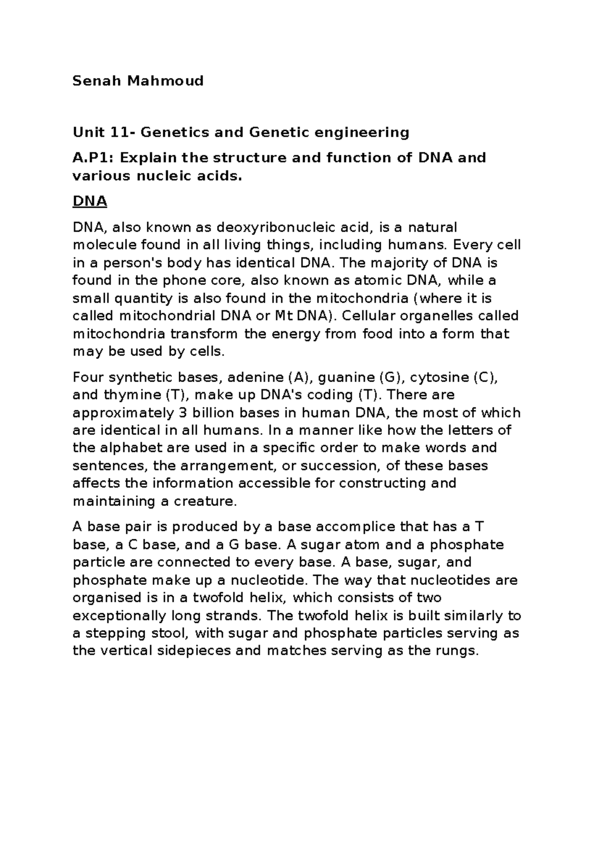 UNIT 11 Genetics Assignment A: DNA Structure & Protein Synthesis - Studocu