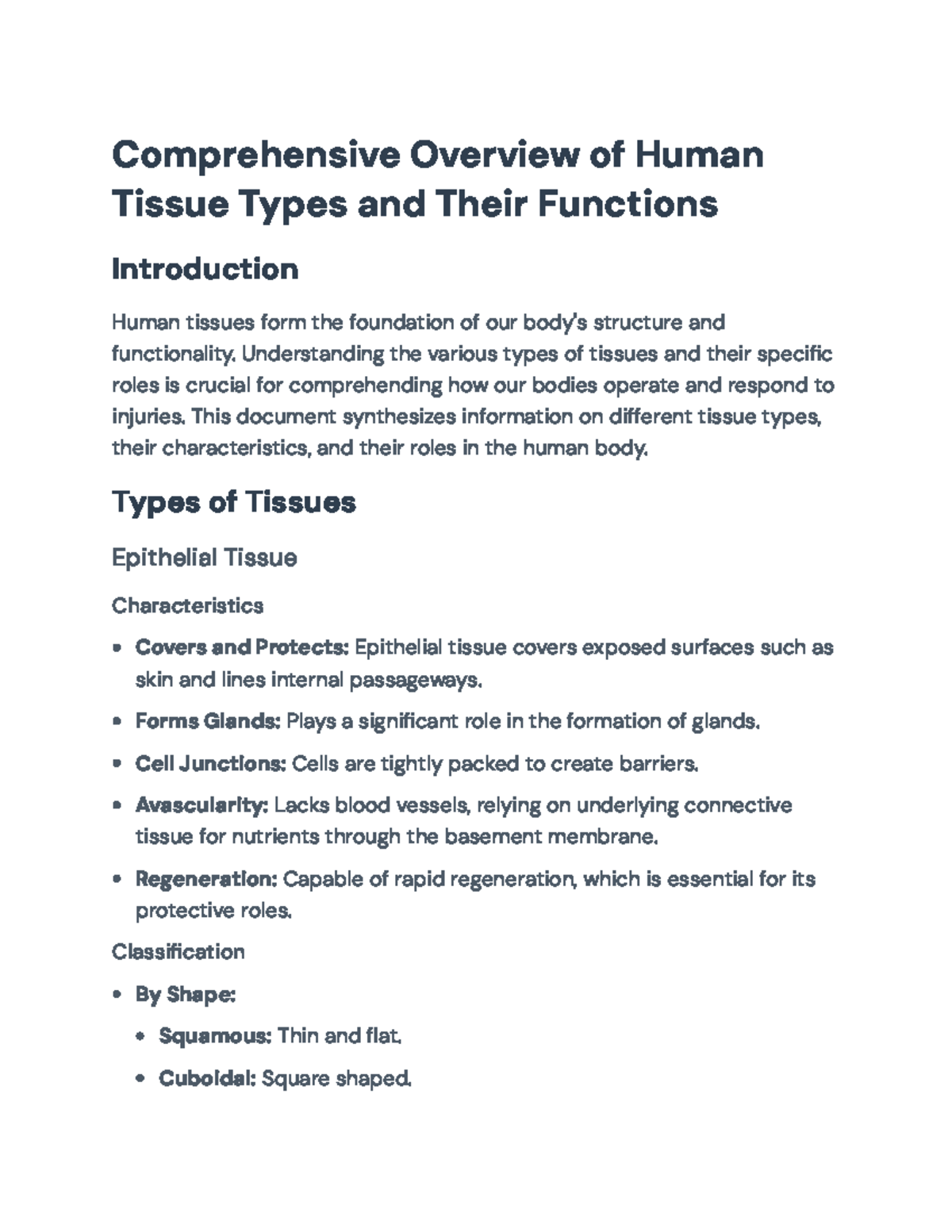 Human Tissues: Types, Functions, and Repair Processes Overview - Studocu