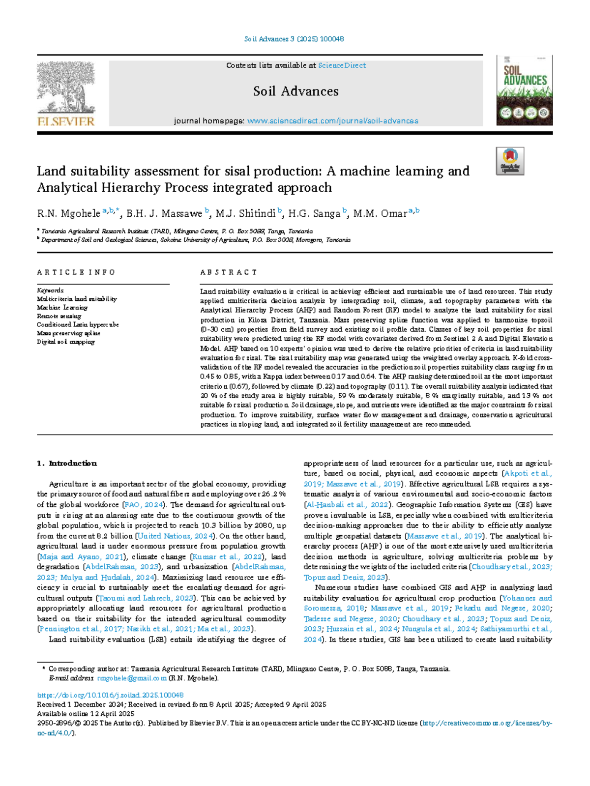 Land Suitability Assessment for Sisal Production: AHP & ML Approach ...