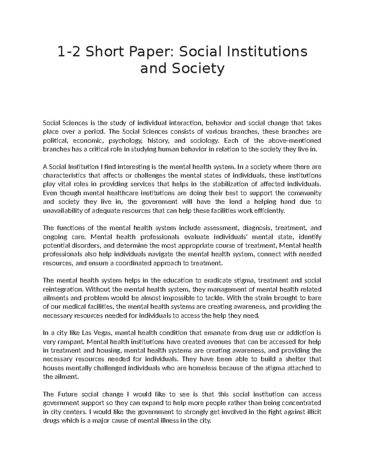SCS 215: Short Paper on Social Institutions & Mental Health - Studocu