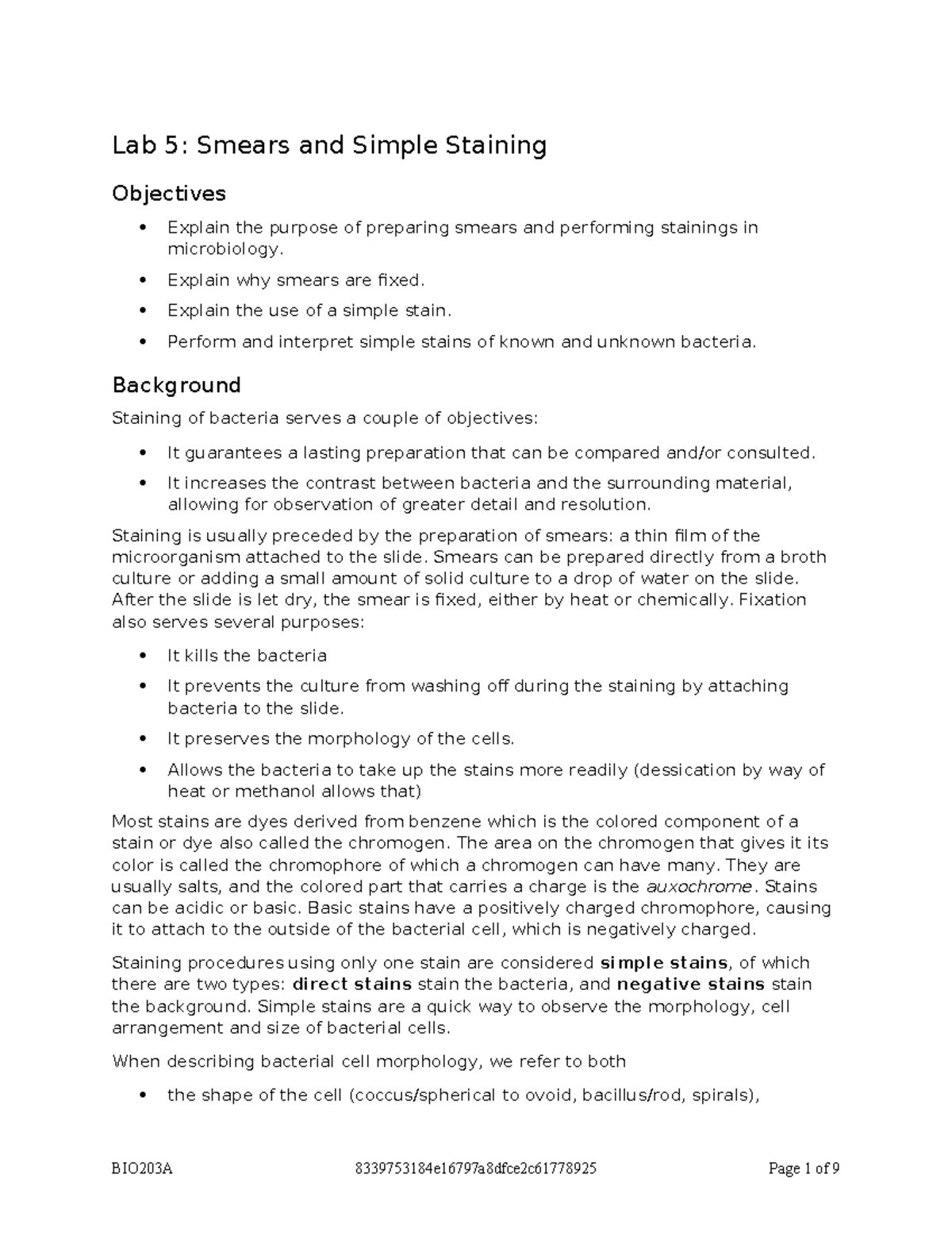 LAB 5 Smears and Simple Staining v2 - Lab 5: Smears and Simple Staining Objectives Explain the ...