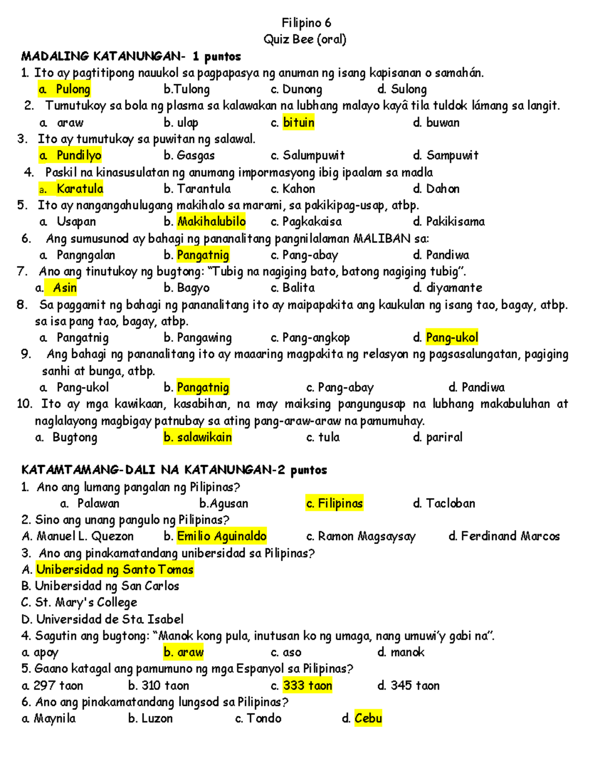 Filipino 6 Quiz Bee Review Questions and Answers - Studocu