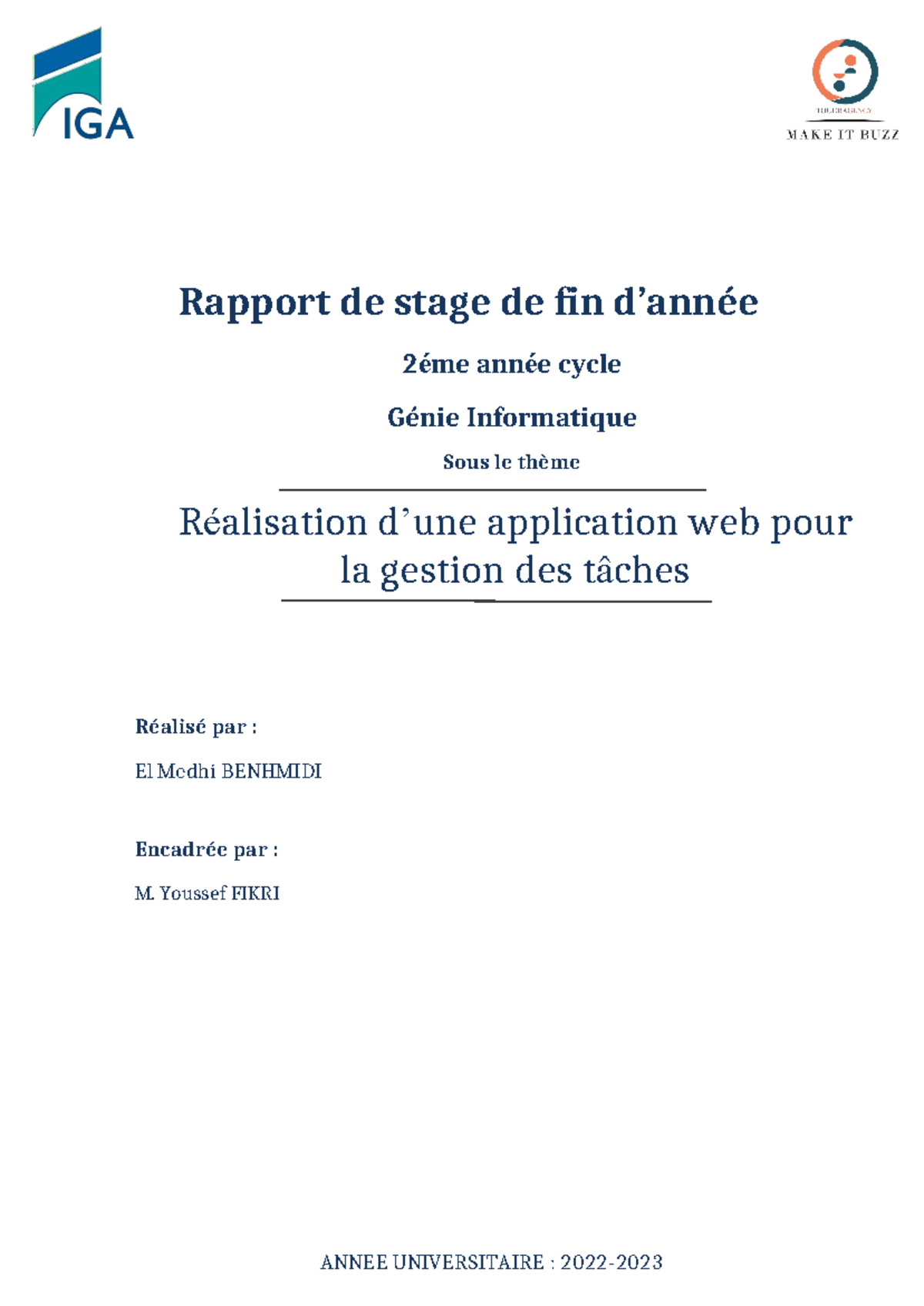 Rapport de Stage PFE: Développement d'une Application Web de Gestion des Tâches - Studocu