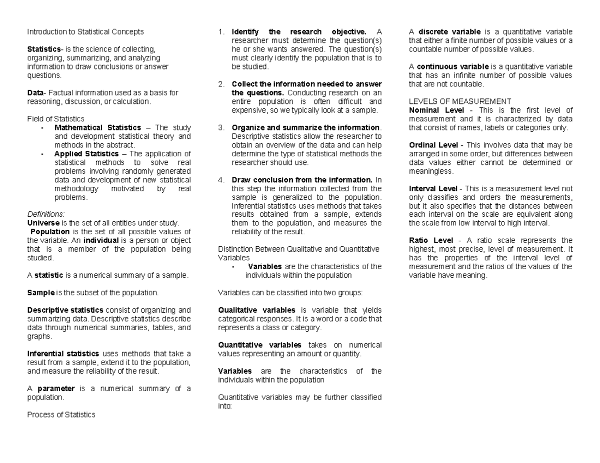 Statistical Concepts Overview: Key Definitions and Methods - Studocu