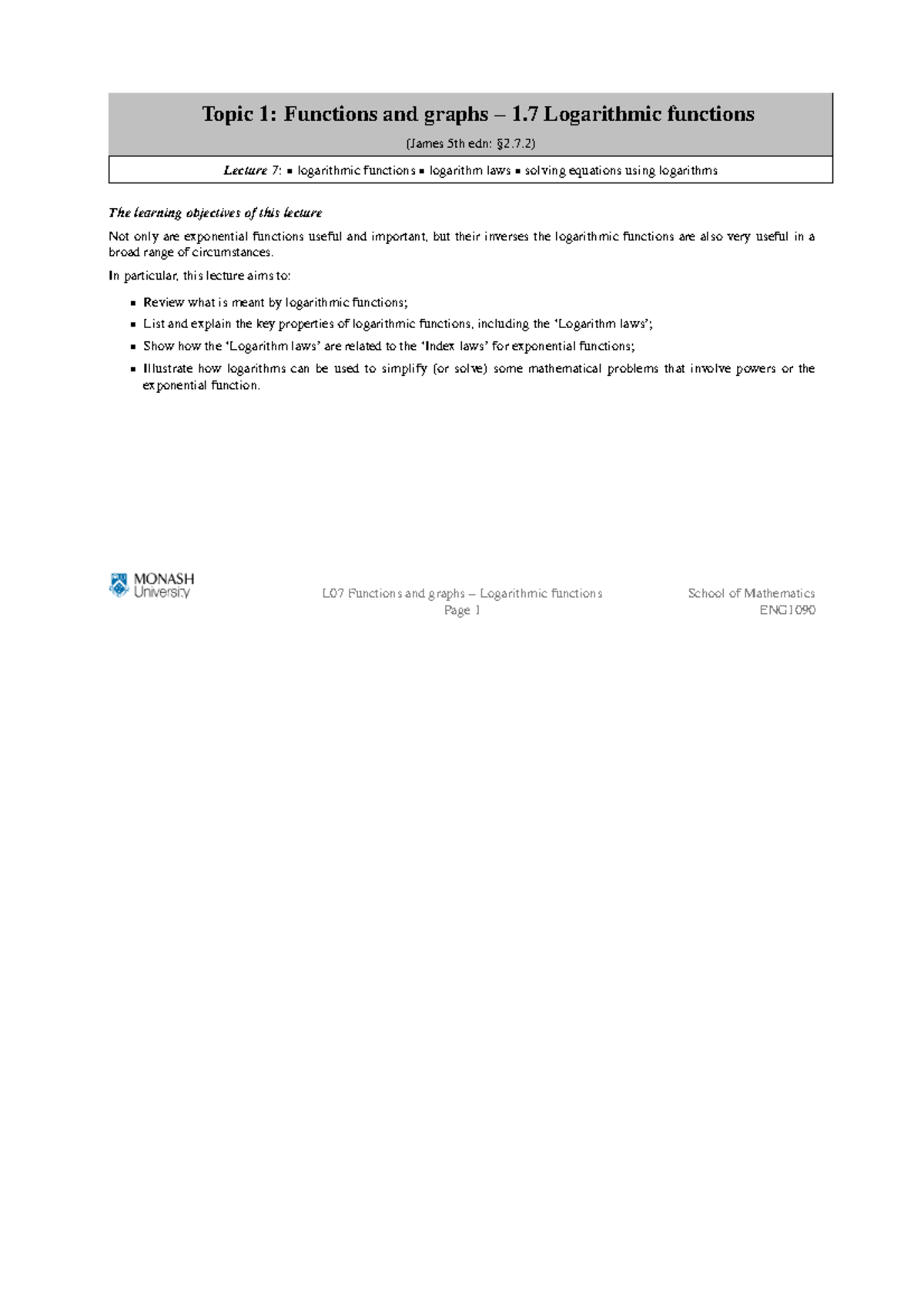 ENG1090: Lecture 7 - Logarithmic Functions and Their Applications - Studocu