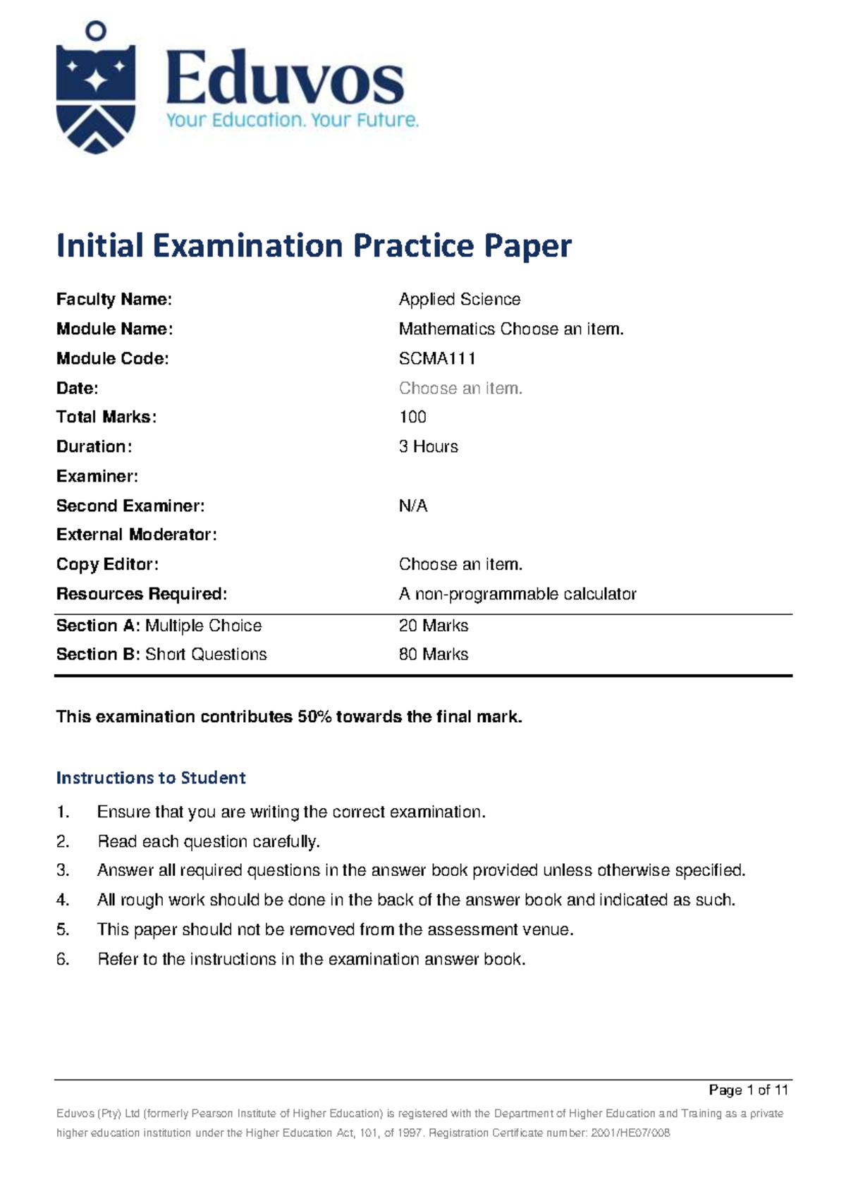 Mathematics SCMA Examination Practice Paper – Comprehensive Review ...