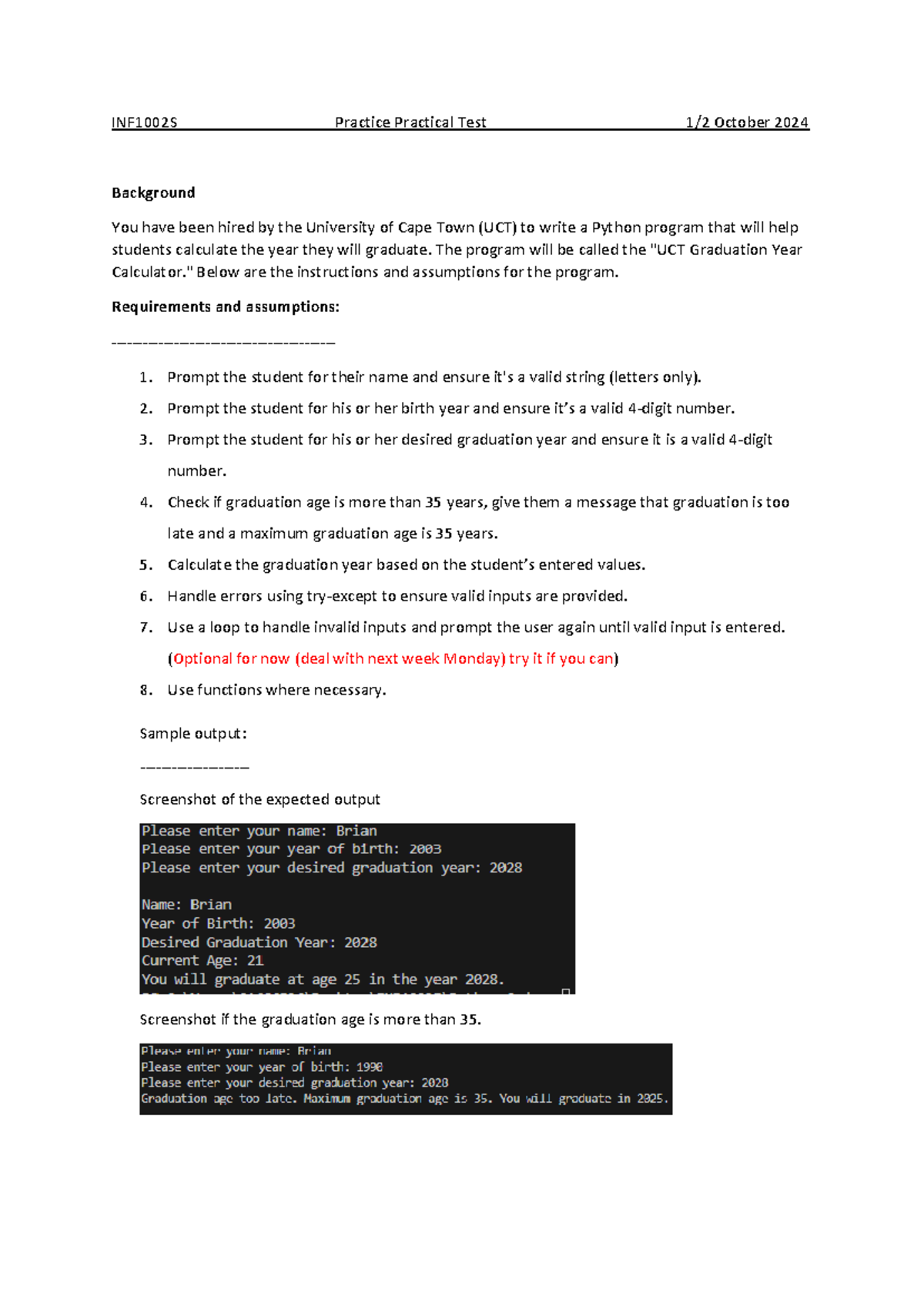 INF1002S Practice Python Practical Test 1 - October 2024 - Studocu