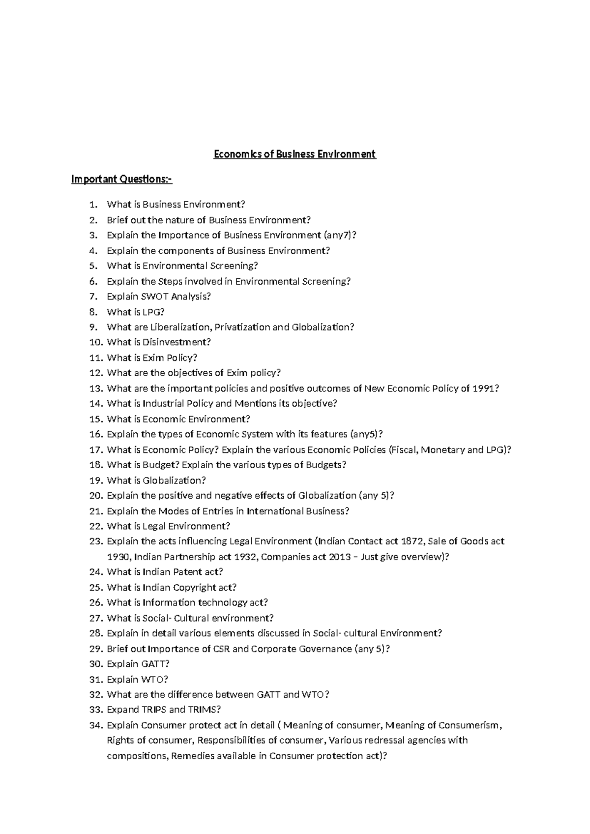 Economics of Business Environment: Key Questions & Concepts - Studocu