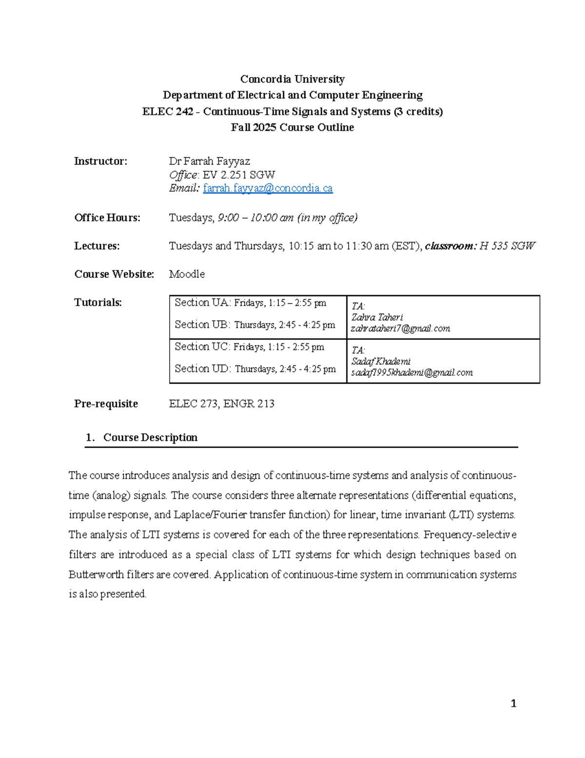 ELEC 242 Signals and Systems Course Outline - Fall 2025 - Studocu