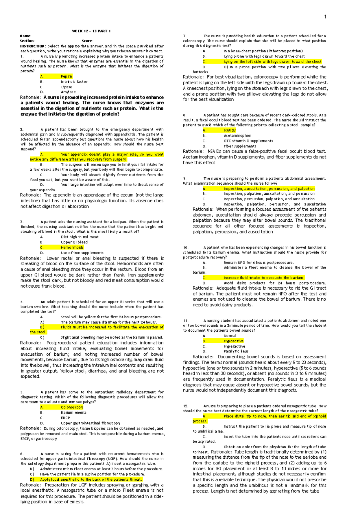 WEEK 12-13 Skills Enhancement Answer Key for Nursing Assessments - Studocu