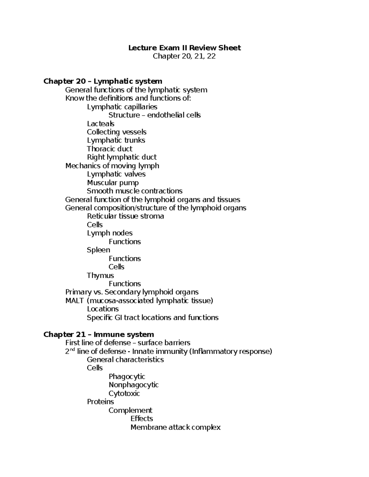Lecture Exam II Review: Lymphatic, Immune & Respiratory Systems - Studocu