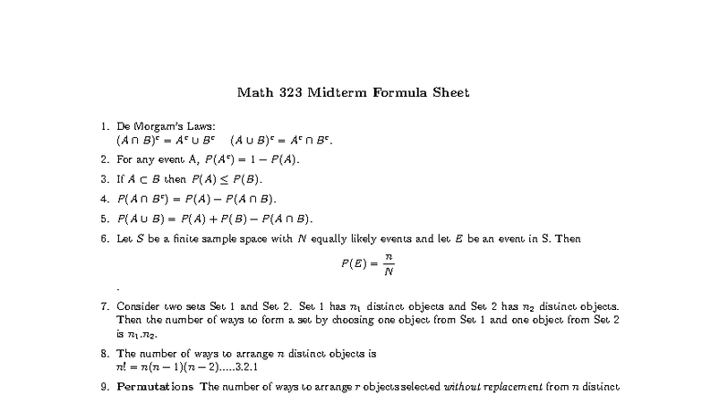Math 323 Midterm Formula Sheet: Key Probability Concepts - Studocu