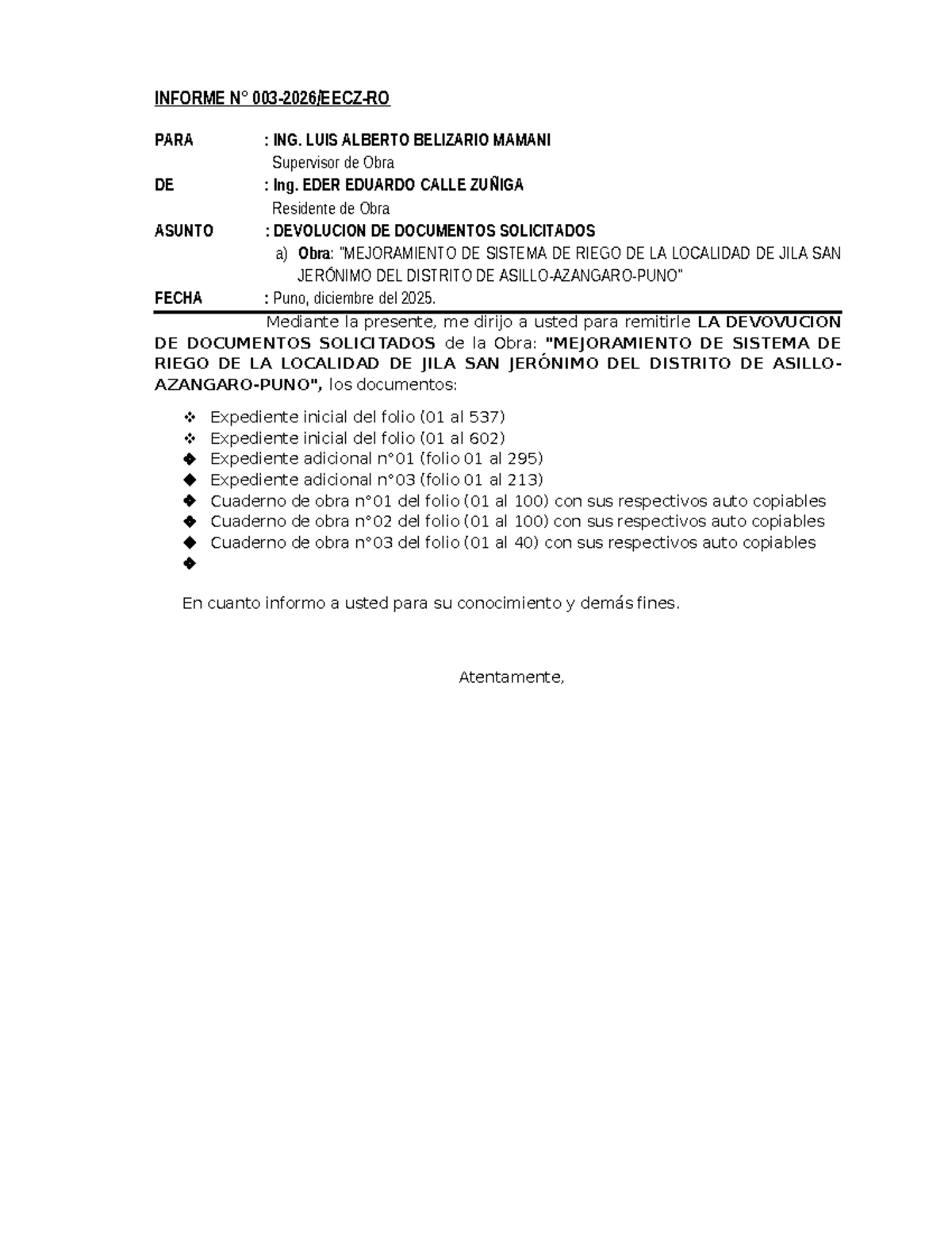 Informe N° 03: Devolución de Documentos - Sistema de Riego Jila San ...