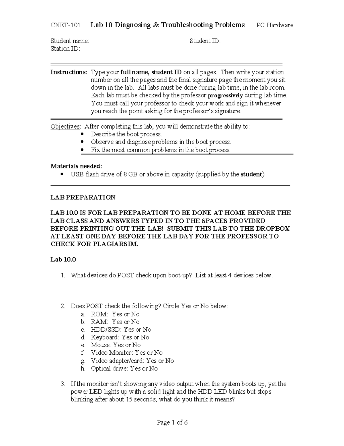 Lab 10 - Diagnosing and Troubleshooting Problems - Student name ...