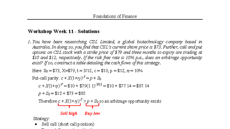 Foundations of Finance Workshop Week 11 - Arbitrage Strategies ...