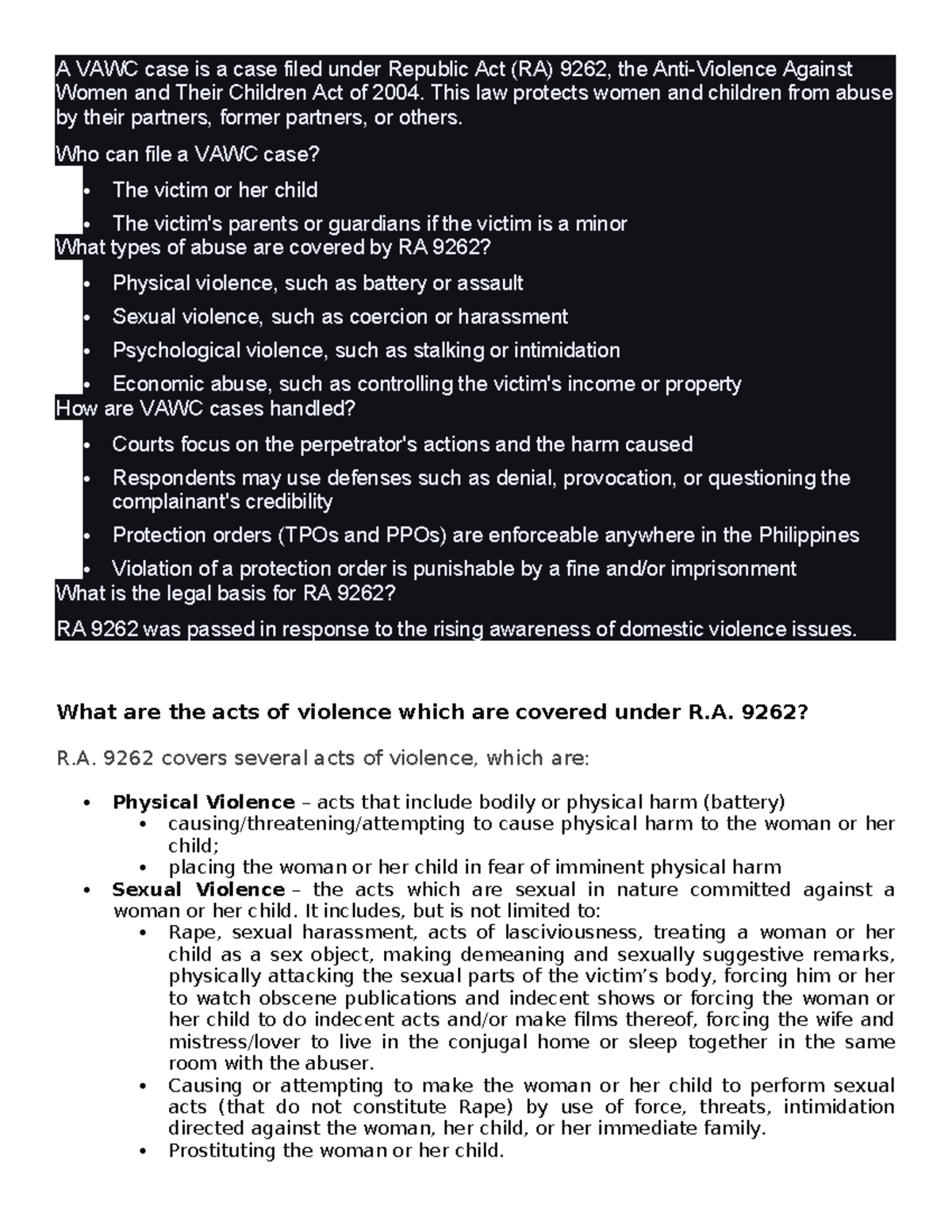 A VAWC case is a case filed under Republic Act - This law protects ...
