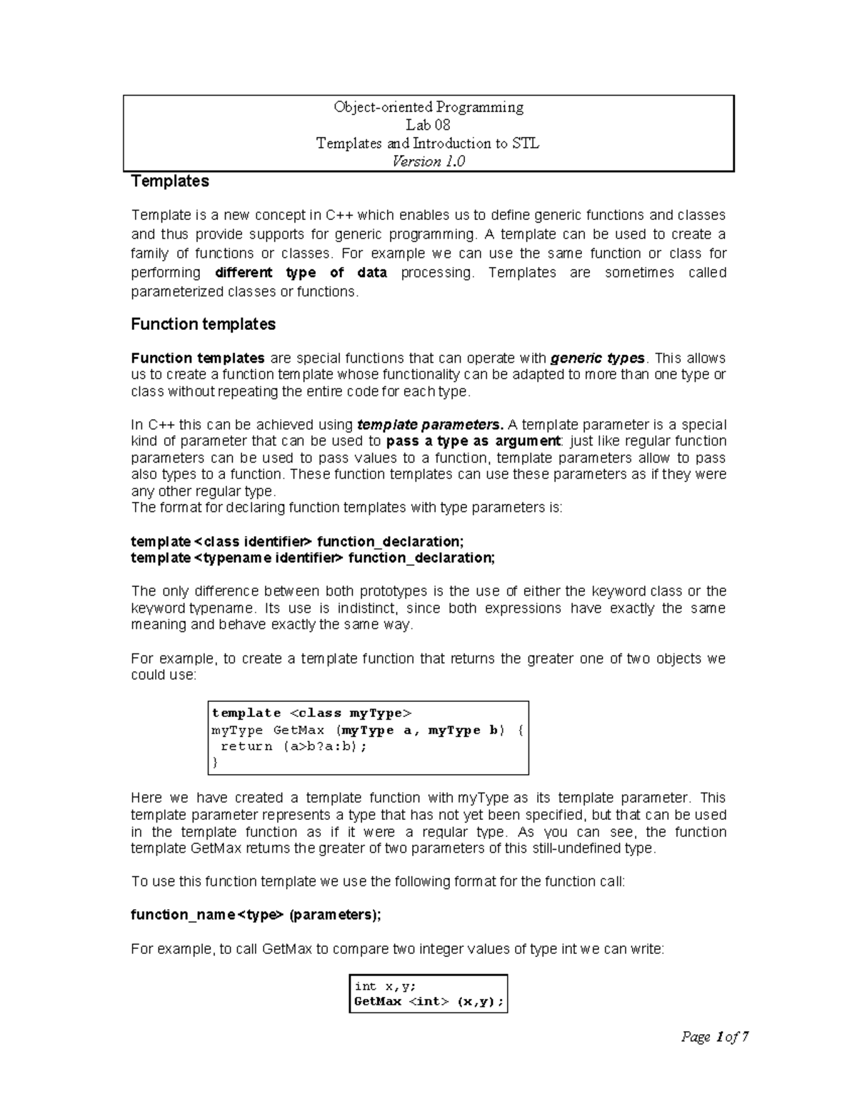 Lab 08 - CSE: Templates & Introduction to STL Concepts - Studocu
