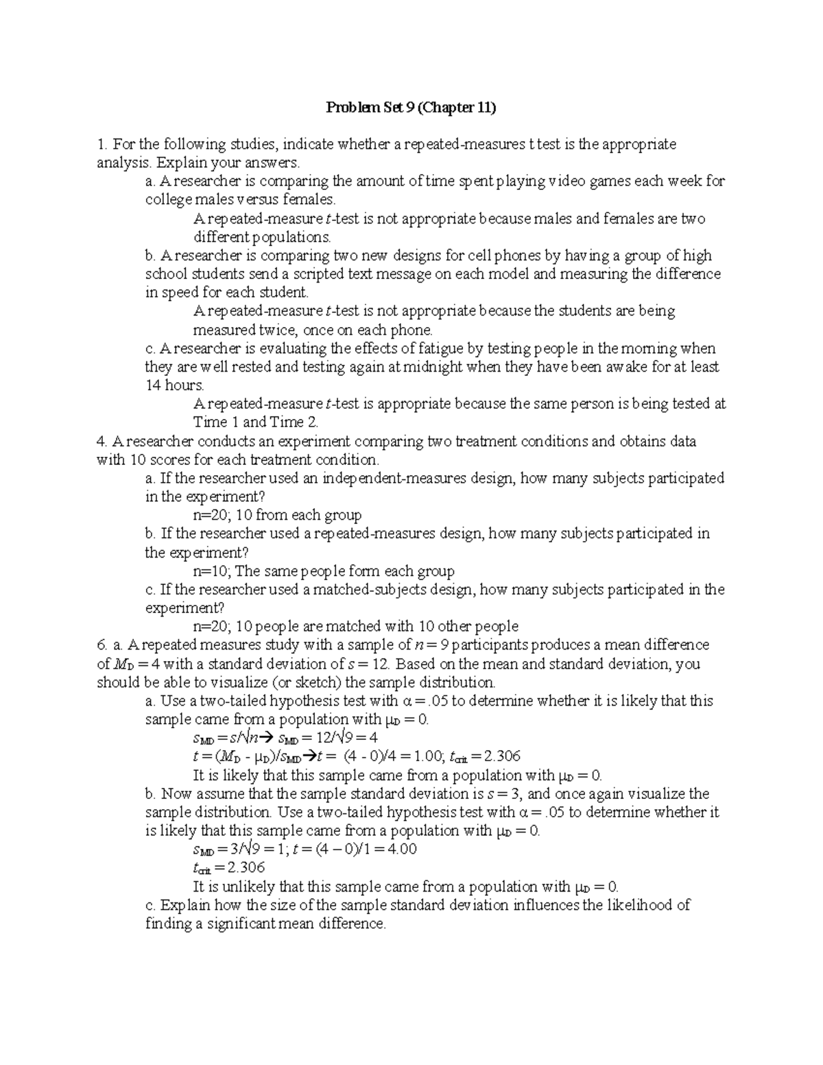 Problem Set 9: Repeated Measures and Hypothesis Testing (Ch. 11) - Studocu