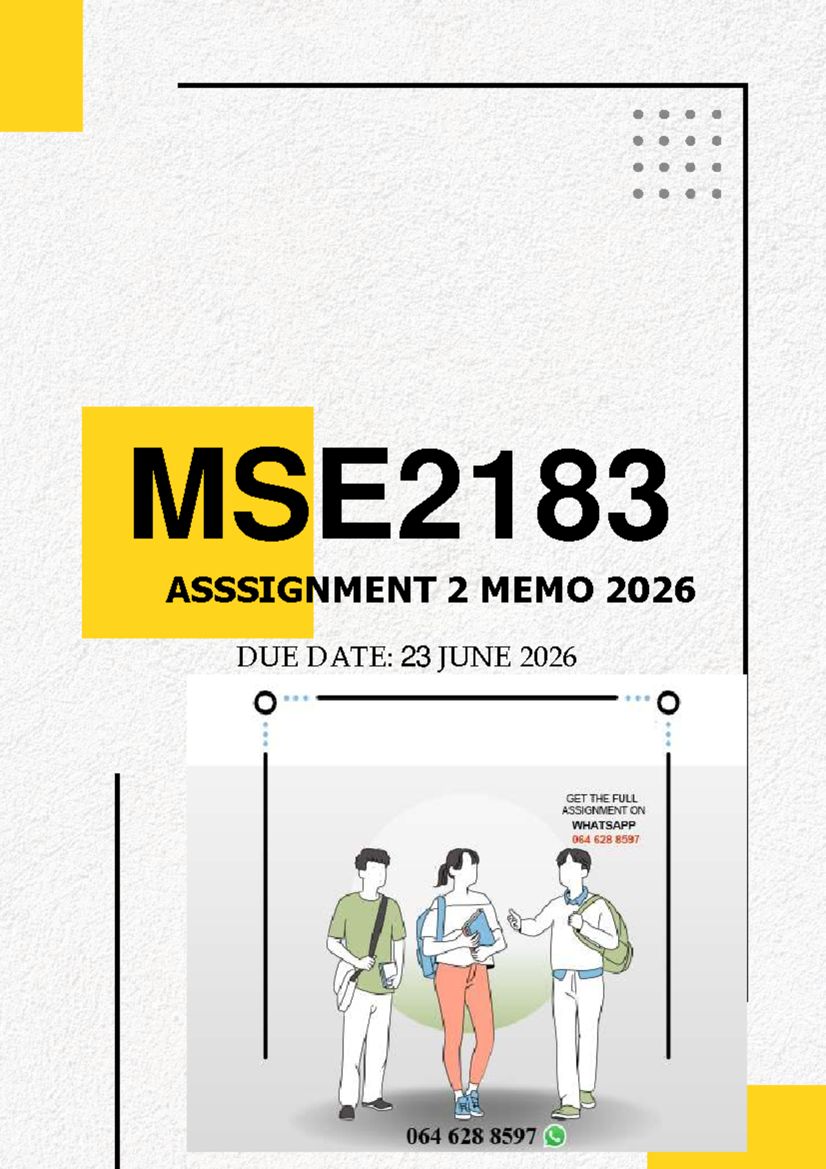 MSE2183 Assignment 2 Memo 2026 - Due 23 June 2026 - Studocu