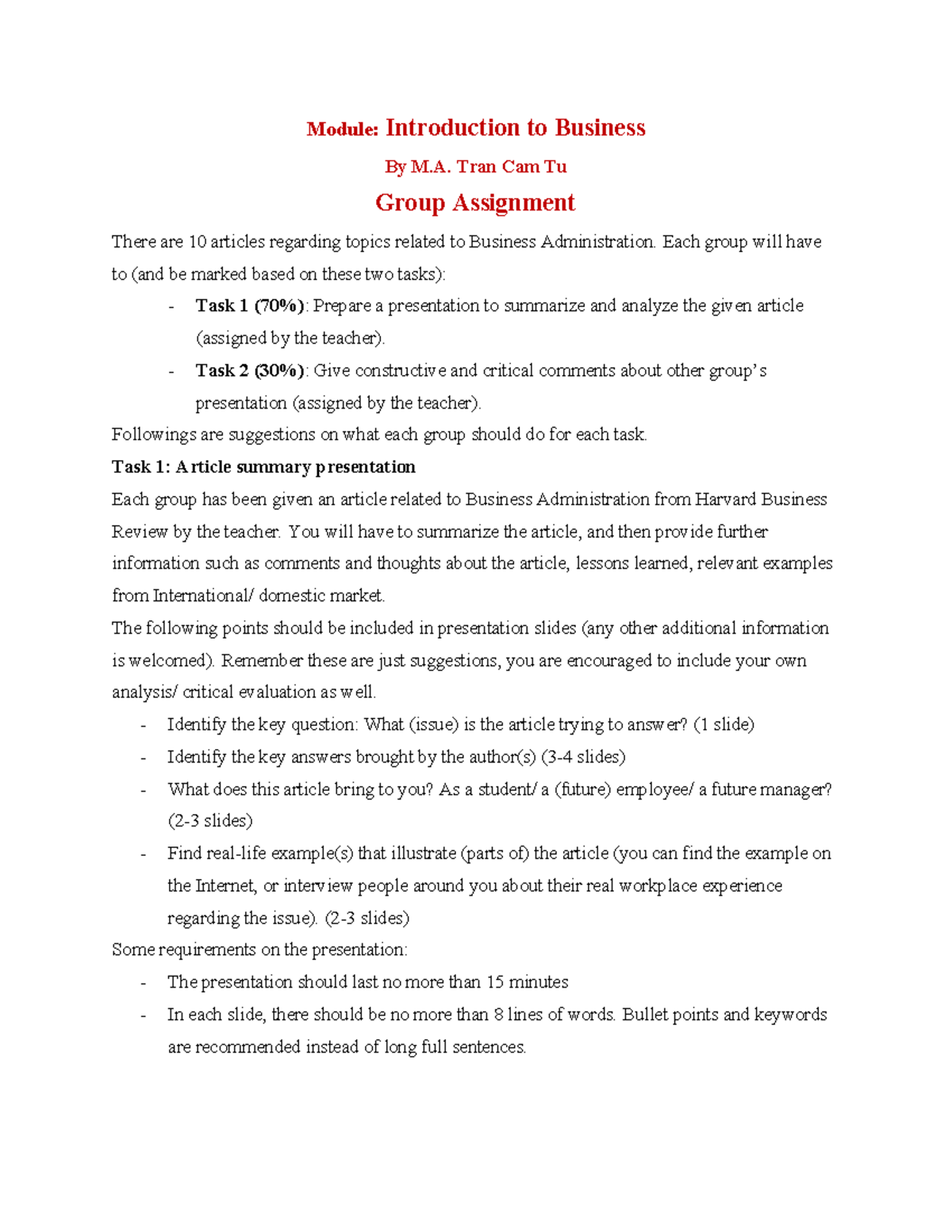 Group assignment requirement - Module: Introduction to Business By M ...