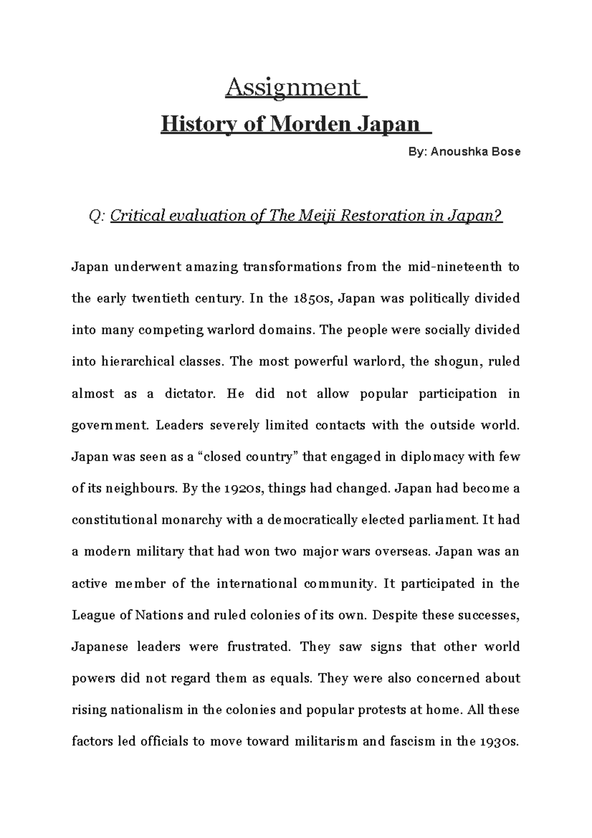 Critical Analysis of the Meiji Restoration in Modern Japan - Essay ...