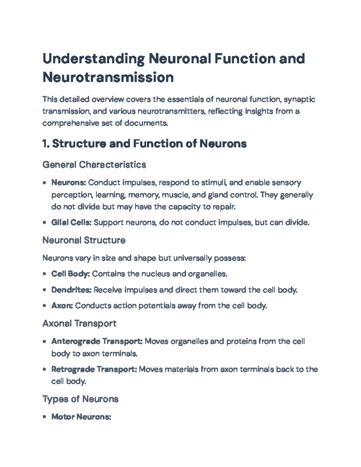 Understanding Neuronal Function and Neurotransmission in PSY 101 - Understanding Neuronal ...