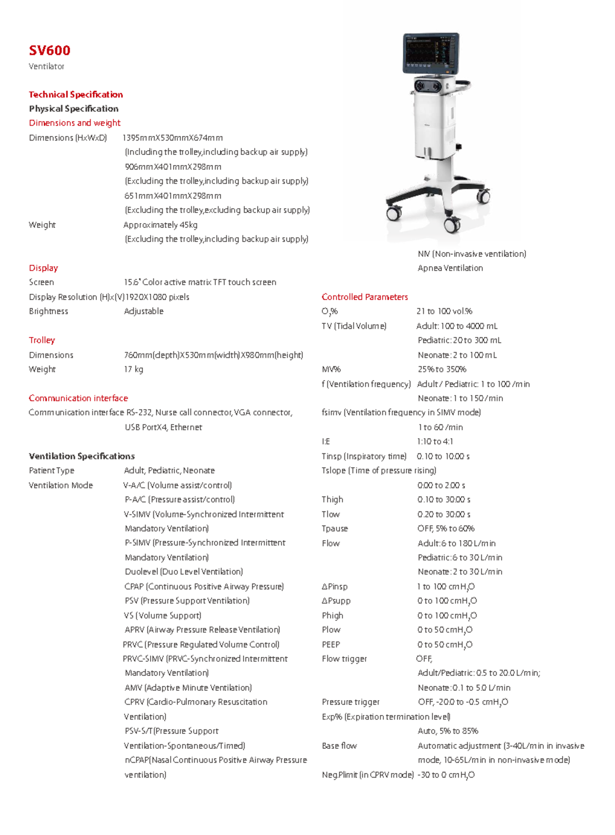 SV600 Ventilator Technical Specifications and Dimensions - Studocu