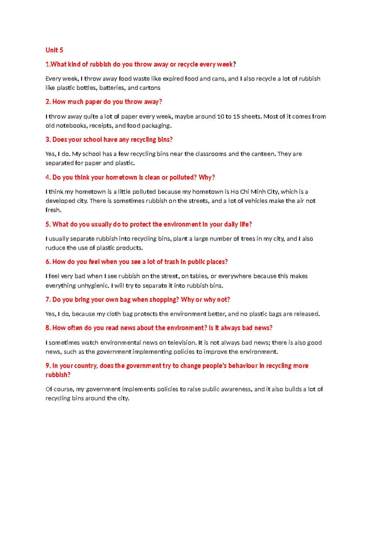 Speaking Test: Environmental Awareness and Cultural Insights - Studocu